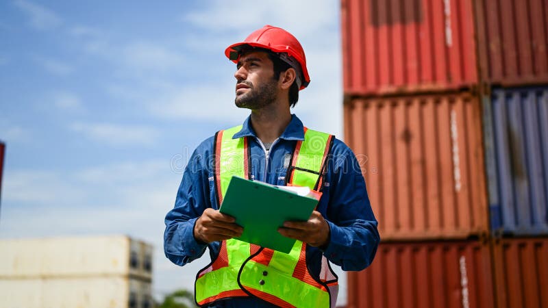 Warehouse Engineer Worker Working at Industrial Container Yard Stock ...