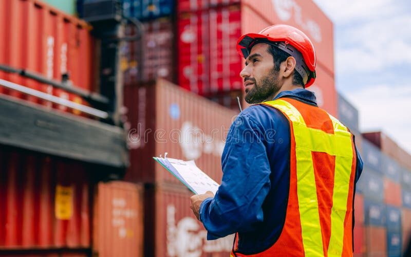 Warehouse Engineer Worker Working at Industrial Container Yard Stock ...