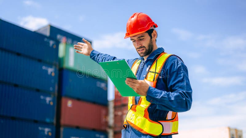 Warehouse Engineer Worker Working at Industrial Container Yard Stock ...
