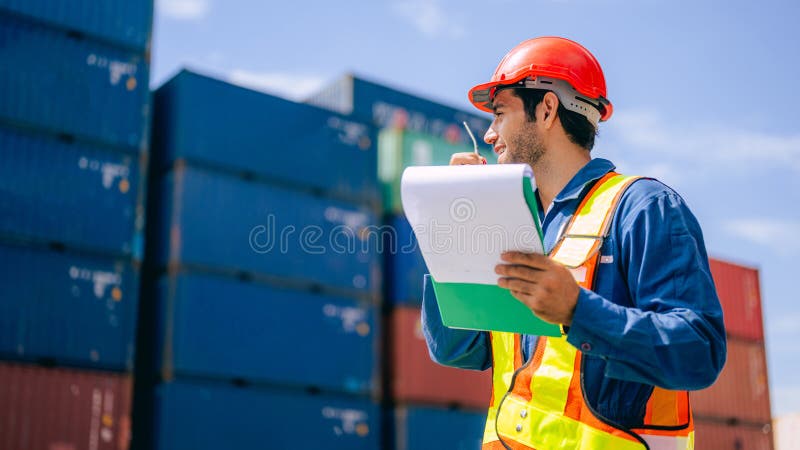 Warehouse Engineer Worker Working at Industrial Container Yard Stock ...