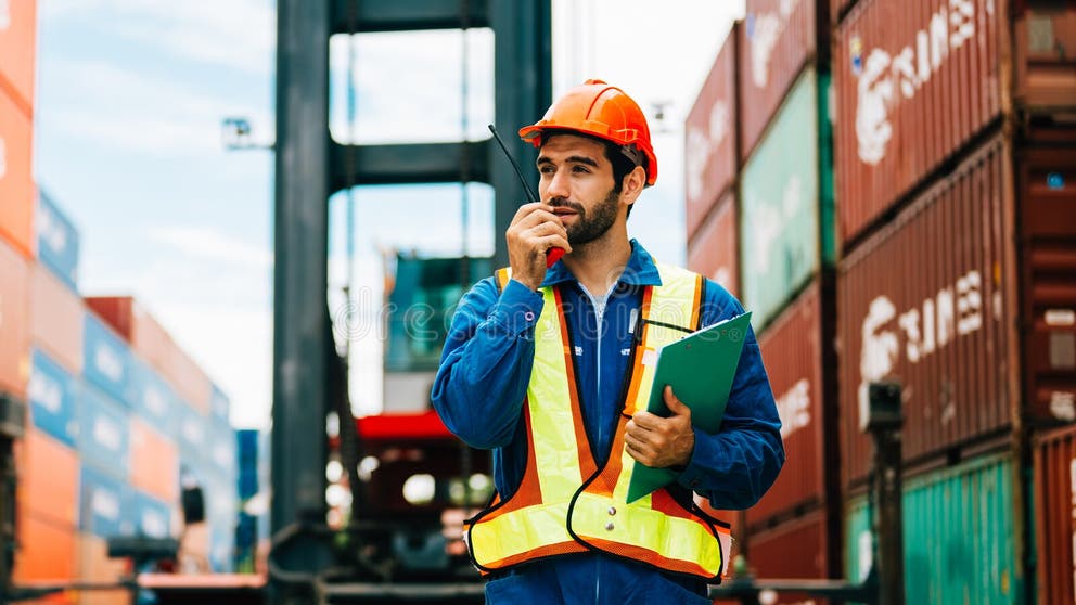 Warehouse Engineer Worker Working at Industrial Container Yard Stock ...