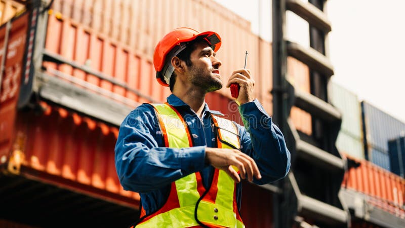 Warehouse Engineer Worker Working at Industrial Container Yard Stock ...
