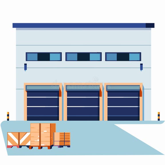 Warehouse Exterior with Loading Docks and Stacked Cargo in a Clear ...