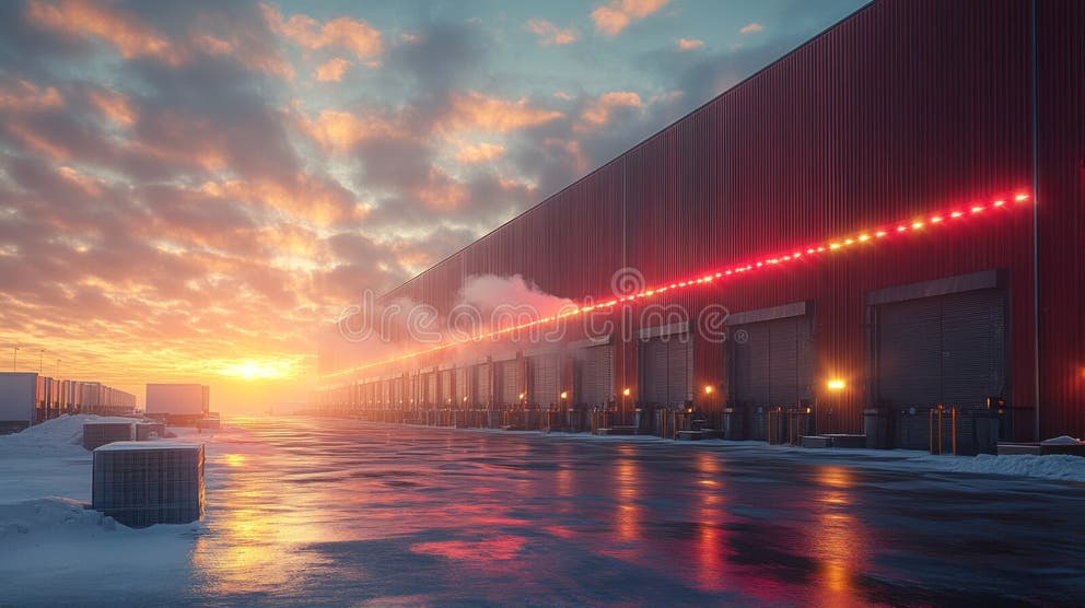 Warehouse Facility at Sunset with Cold Storage Units and Refrigeration ...