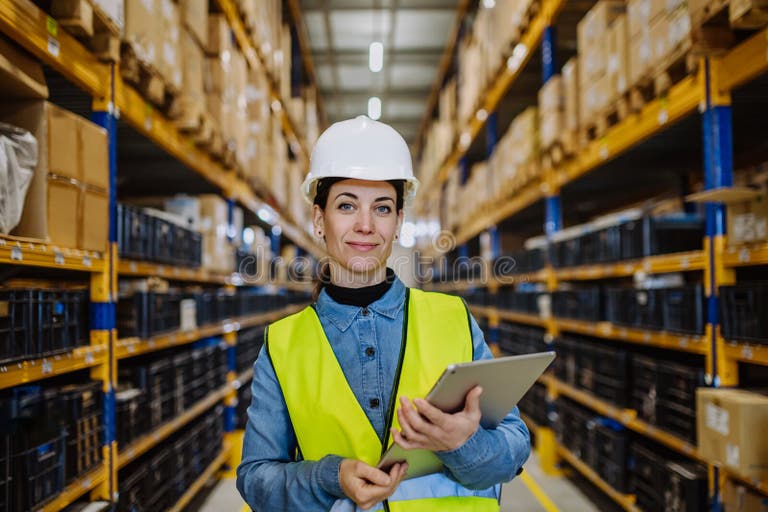 Warehouse Female Worker Checking Up Stuff in a Warehouse. Stock Image ...
