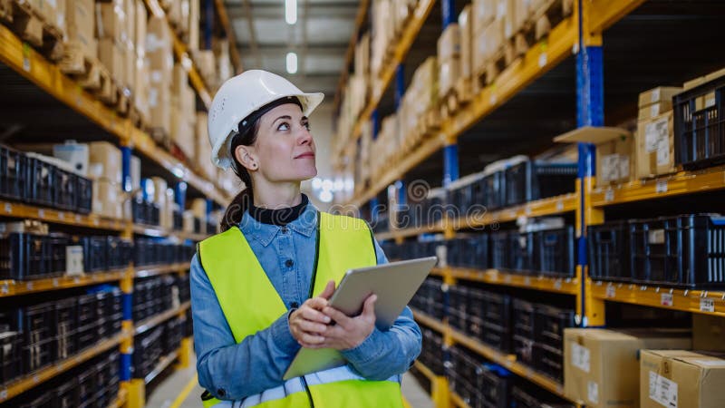 Warehouse Female Worker Checking Up Stuff in a Warehouse. Stock Image ...