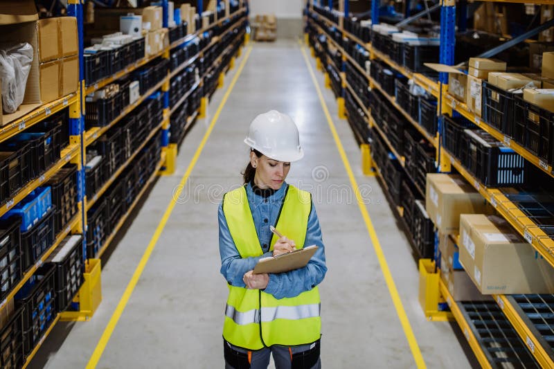Warehouse Female Worker Checking Up Stuff in a Warehouse. Stock Image ...