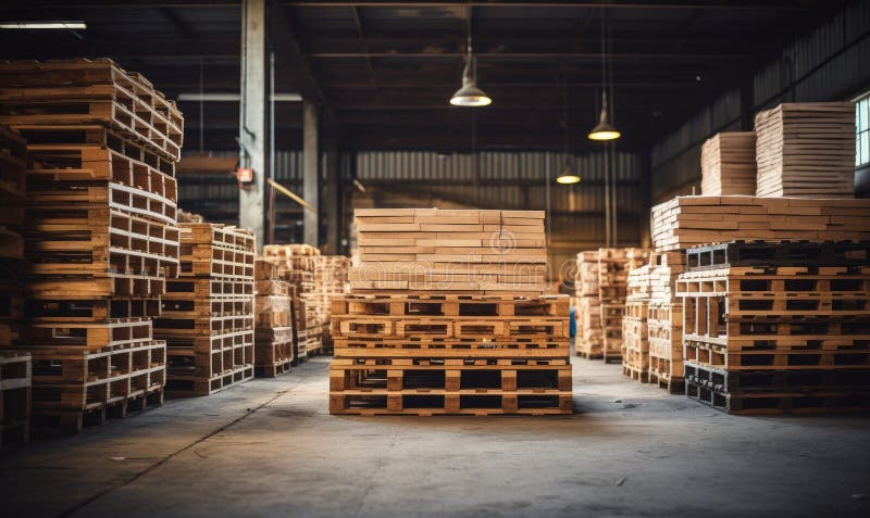 A Warehouse Filled with an Abundance of Stacked Timber Platforms Stock ...