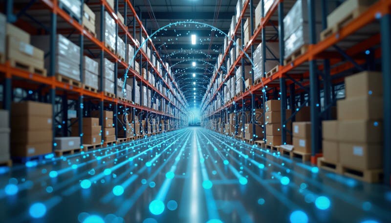 Warehouse Filled with Boxes. Digital Network Lines on Floor Represent ...