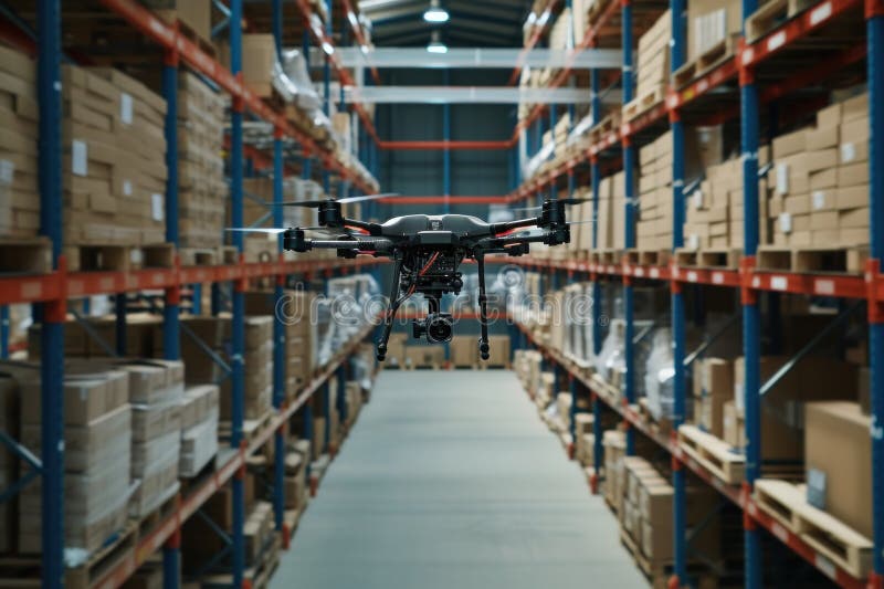 Warehouse Filled with Boxes and Remote Control Show Drones Flying Over ...