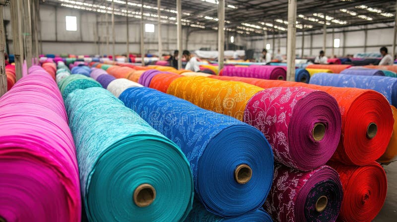 A Warehouse Filled with Colorful Fabric Rolls for Textile Production ...