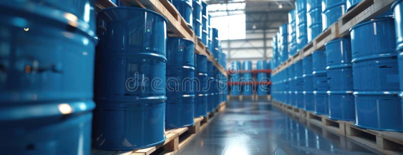 Long Row of Blue Barrels in Warehouse Stock Photo - Image of containers ...
