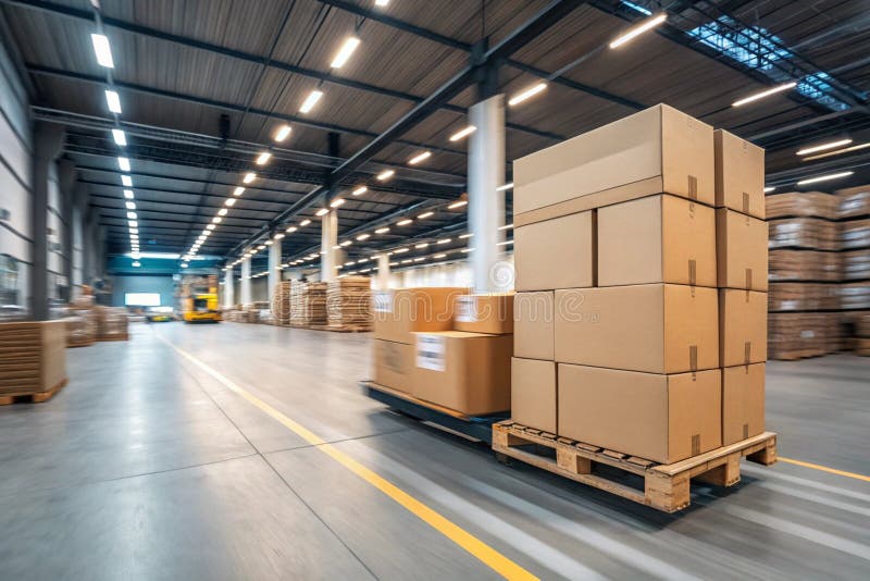 A Warehouse Filled with Moving Cardboard Boxes, Shot in Motion Blur, Symbolizing Logistics and E ...
