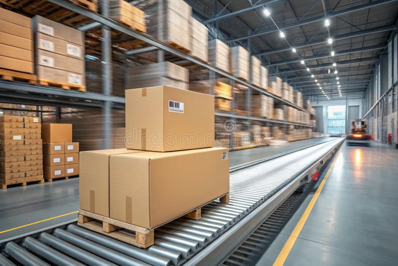 A Warehouse Filled with Moving Cardboard Boxes, Shot in Motion Blur, Symbolizing Logistics and E ...
