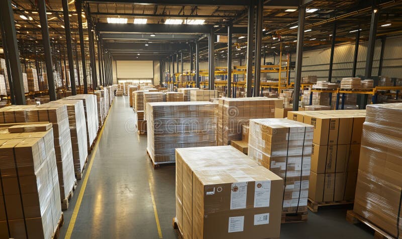 Warehouse Filled with Neatly Stacked Cardboard Boxes on Pallets ...