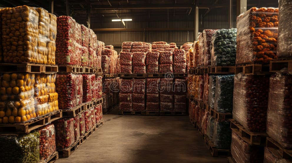 Warehouse Filled with Pallets of Fresh Produce Stock Illustration ...