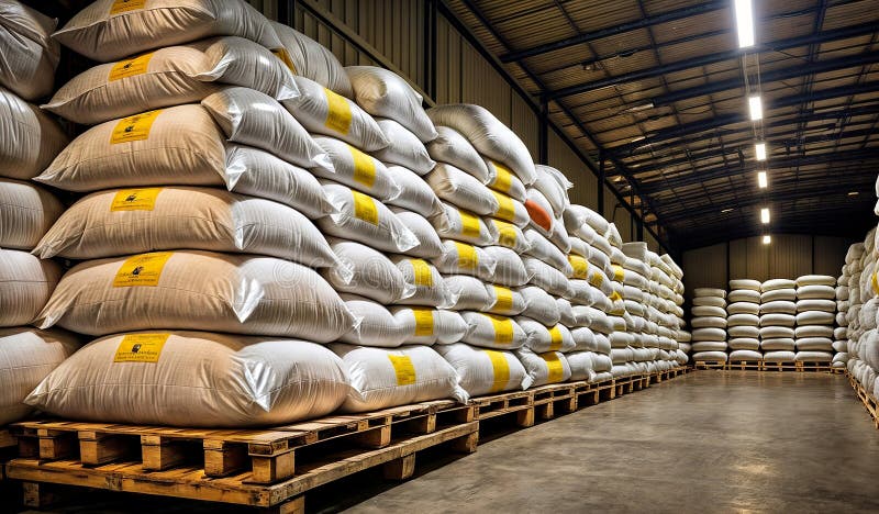 A Warehouse Filled with Pallets Stacked with Bags of Goods Stock ...
