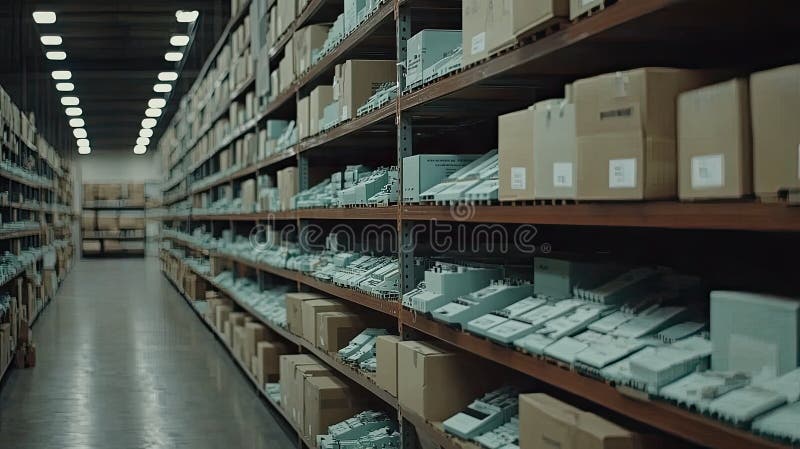 The Warehouse is Filled with Shelves Stacked High with Electronic ...