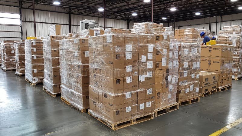A Warehouse Filled with Stacked Boxes on Pallets, Indicating Storage ...