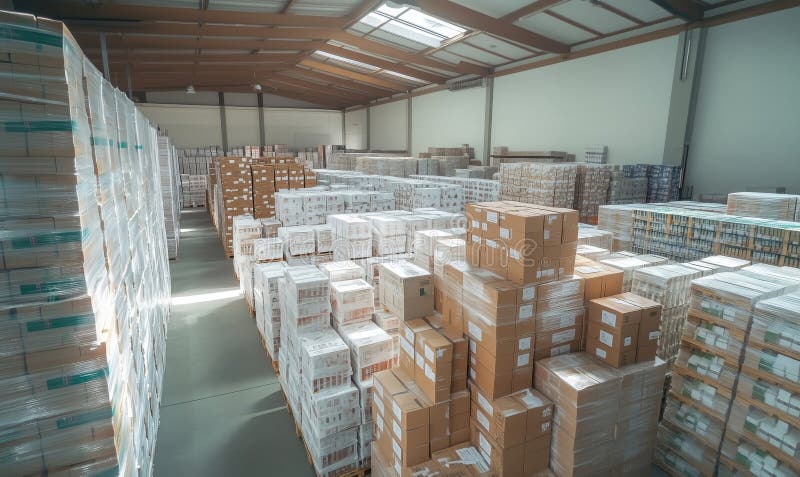Warehouse Filled with Stacked Boxes and Pallets, Organized Storage ...