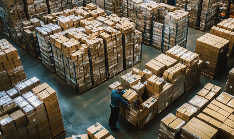 Warehouse Filled with Stacked Cardboard Boxes, Employee Organizing ...