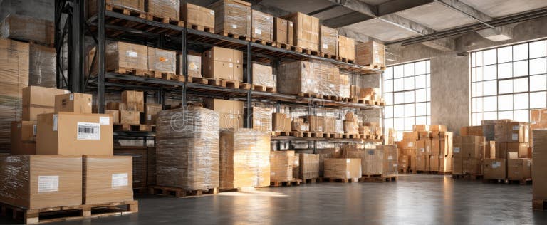 The Warehouse Filled with Stacked Cardboard Boxes and Pallets of ...