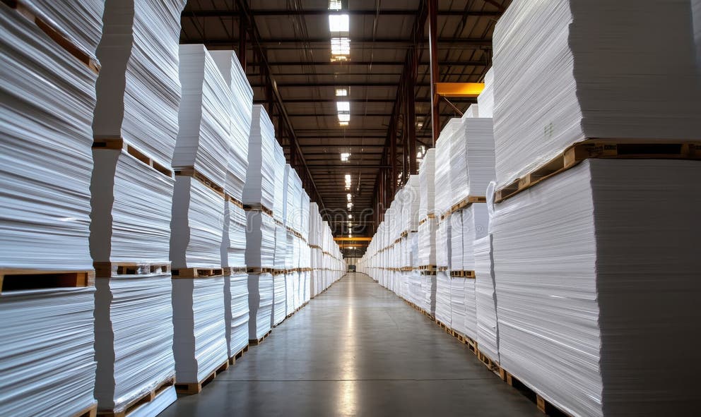 Warehouse Filled with Stacks of White Paper Sheets on Pallets in ...