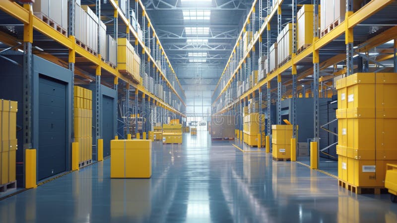 Large Warehouse Interior Filled with Stacked Pallets and Boxes during ...