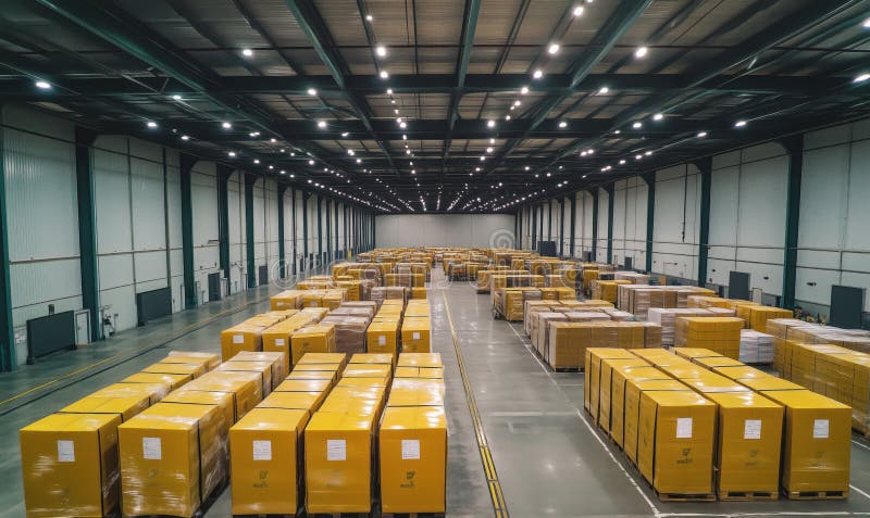 Warehouse Filled with Yellow Boxes and Pallets, Organized Storage Space ...