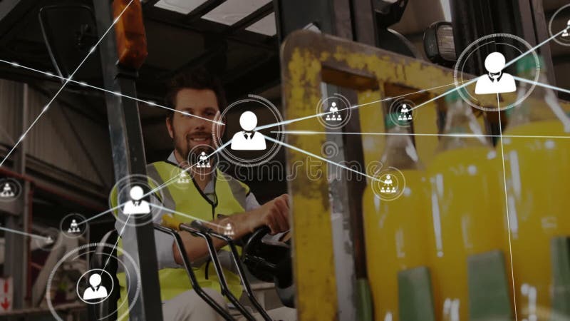 Warehouse Forklift Driver Gripping Controls As Network Icons Linking ...