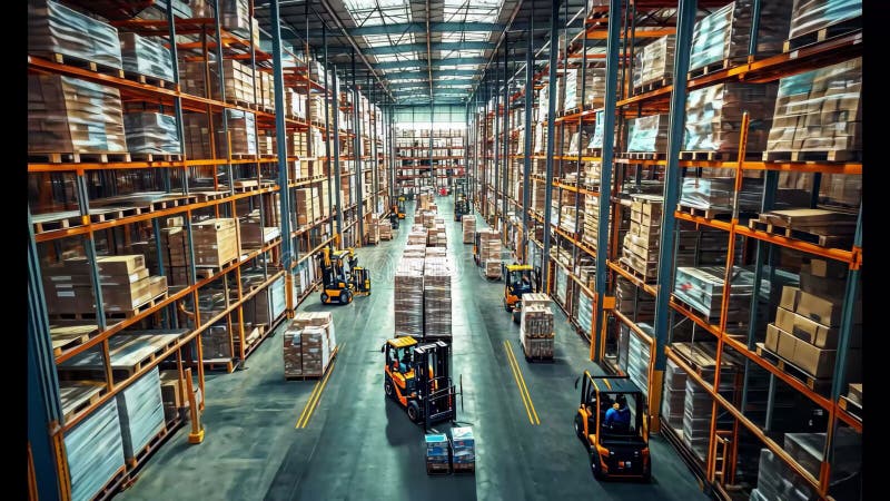 Warehouse with a Forklift Driving Down a Long Aisle. the Forklift is in ...