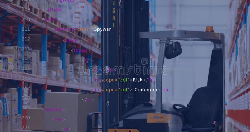 In Warehouse, Forklift Operating with Computer Code Animation ...