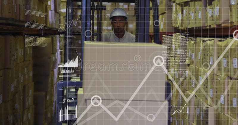 In Warehouse, Forklift Operator Moving Boxes with Data Analytics ...