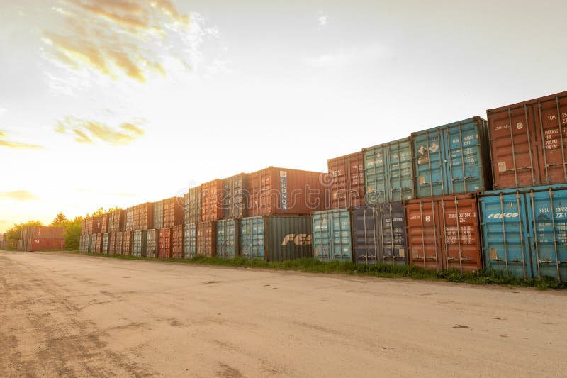 Warehouse of Freight Containers. Metal Boxes Loaded with Each Other in ...