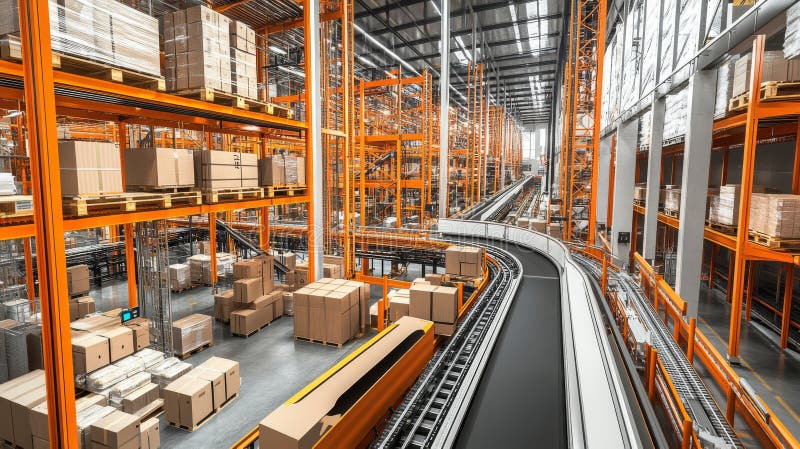 In a Warehouse Fulfillment Center, Multiple Cardboard Boxes Move Along ...