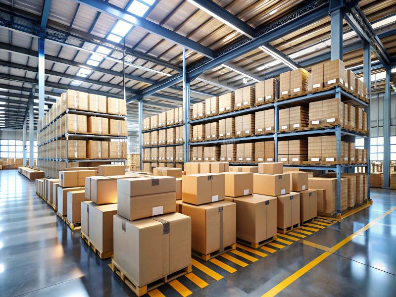 A Warehouse Full of Boxes Stacked on Pallets Stock Illustration ...