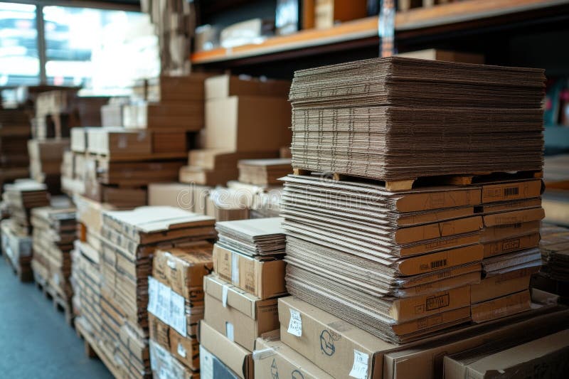 A Warehouse Full of Cardboard Boxes Stacked on Top of Each Other Stock ...