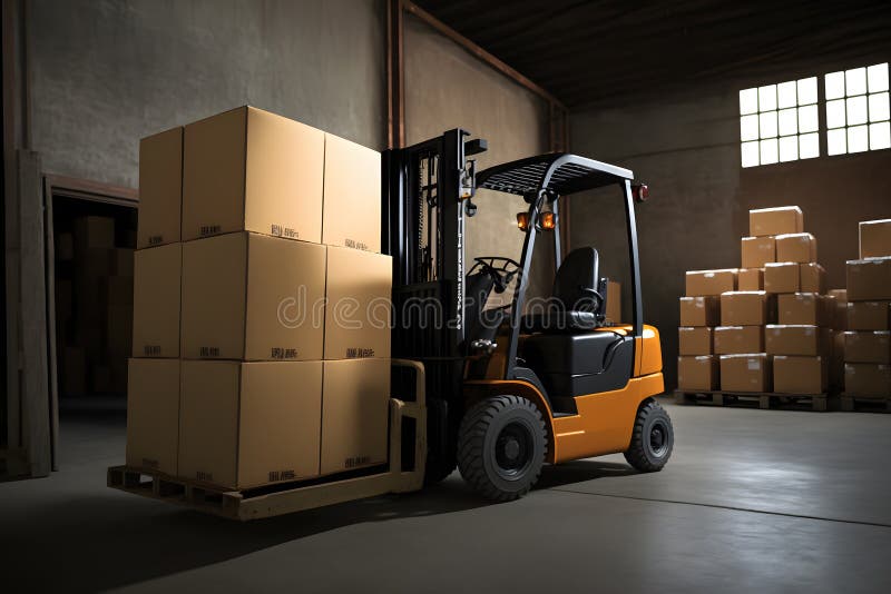 Warehouse with Fully Loaded Forklift between Rows in the Big Interior ...