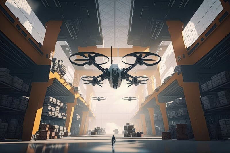The Warehouse of the Future with Flying Drones Inside. Generative AI ...