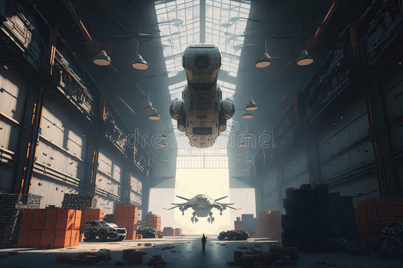 The Warehouse of the Future with Flying Drones Inside. Generative AI ...