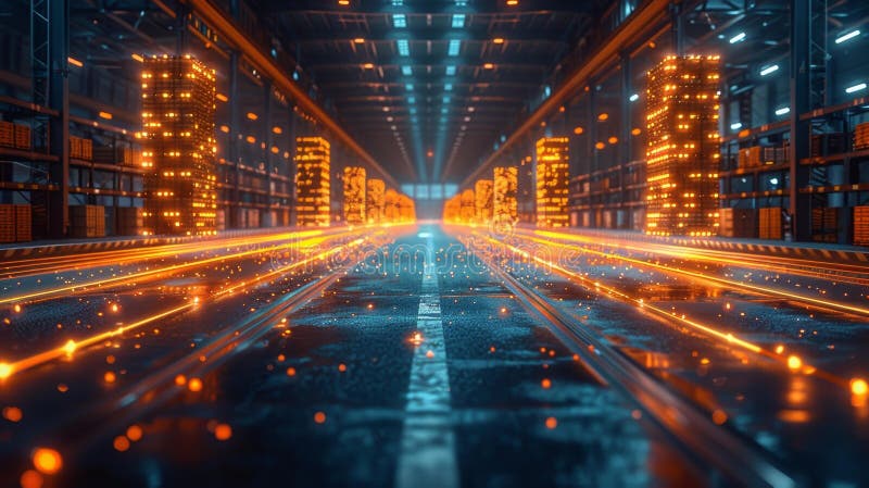 Warehouse with Glowing Orange Digital Streams - Generative Ai Stock ...