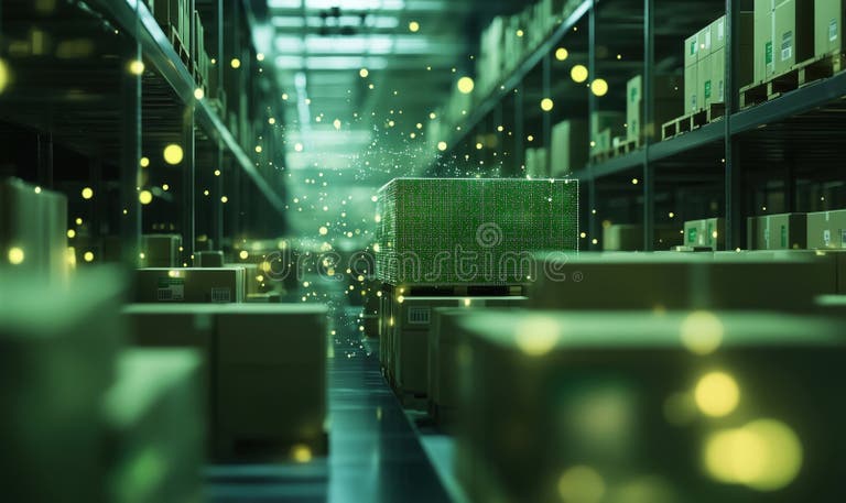 Warehouse with Glowing Particles and Stacked Boxes Creating a Magical ...