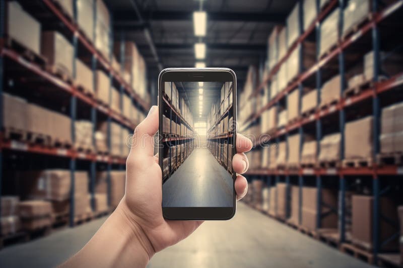 Warehouse with a Hand Holding an Empty Smartphone. from Generative Ai ...