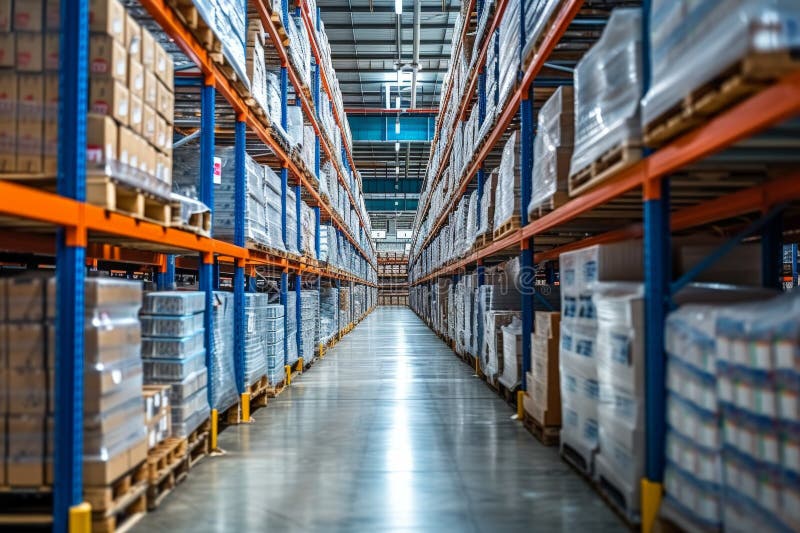 A Warehouse with High Shelves Filled with Boxes and Products ...