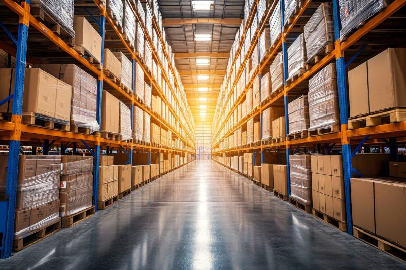Warehouse with High Shelving and Boxes. Stock Photo - Image of ...
