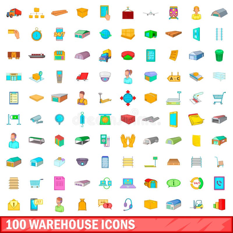 100 Warehouse Icons Set, Cartoon Style Stock Vector - Illustration of ...