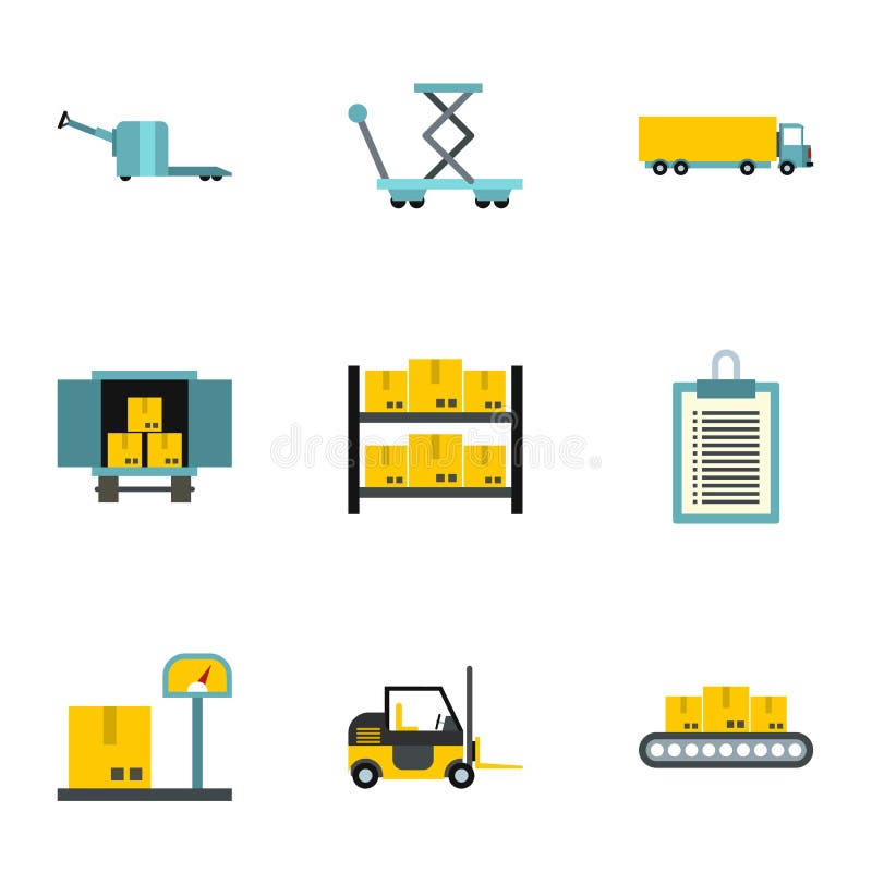 Warehouse Icons Set, Flat Style Stock Vector - Illustration of journey ...