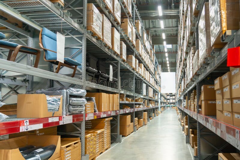 Warehouse Interior Aisle with Goods and Boxes Stock Image - Image of ...