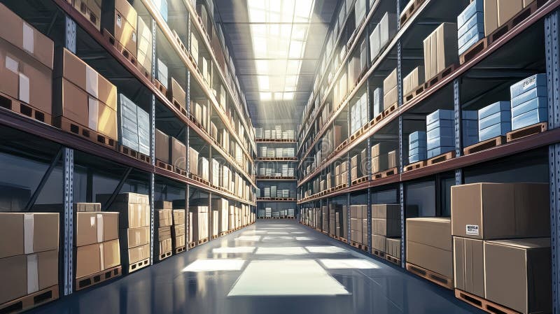 Warehouse Interior Aisles of Shelves with Boxes and Light, Inventory Storage Stock Photo - Image ...