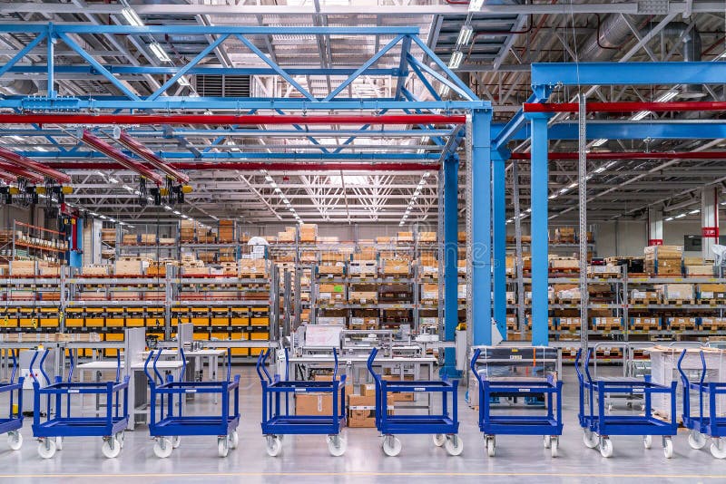 Warehouse Interior with Blue Storage Facilities Stock Photo - Image of ...